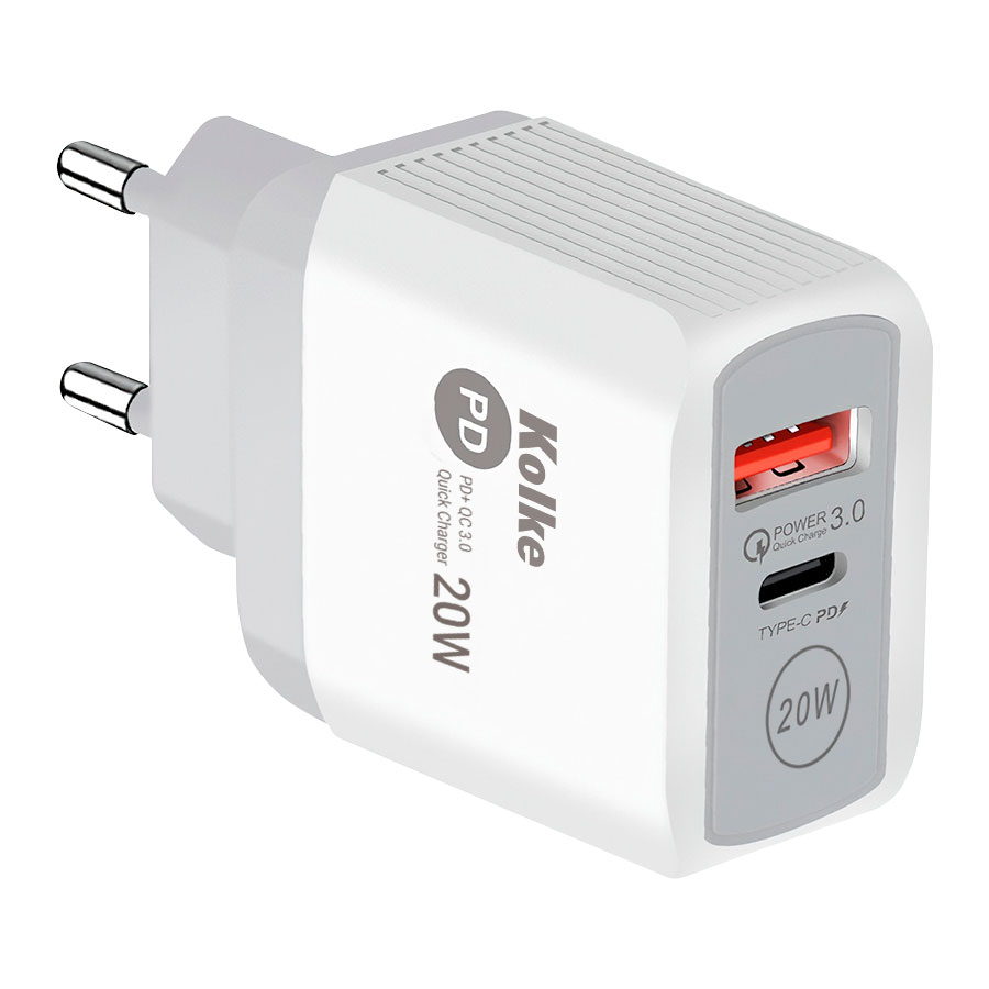 Cargador Rápido de Pared KOLKE 20W USB-C PD + QC 3.0 - Blanco, oferta LOi.