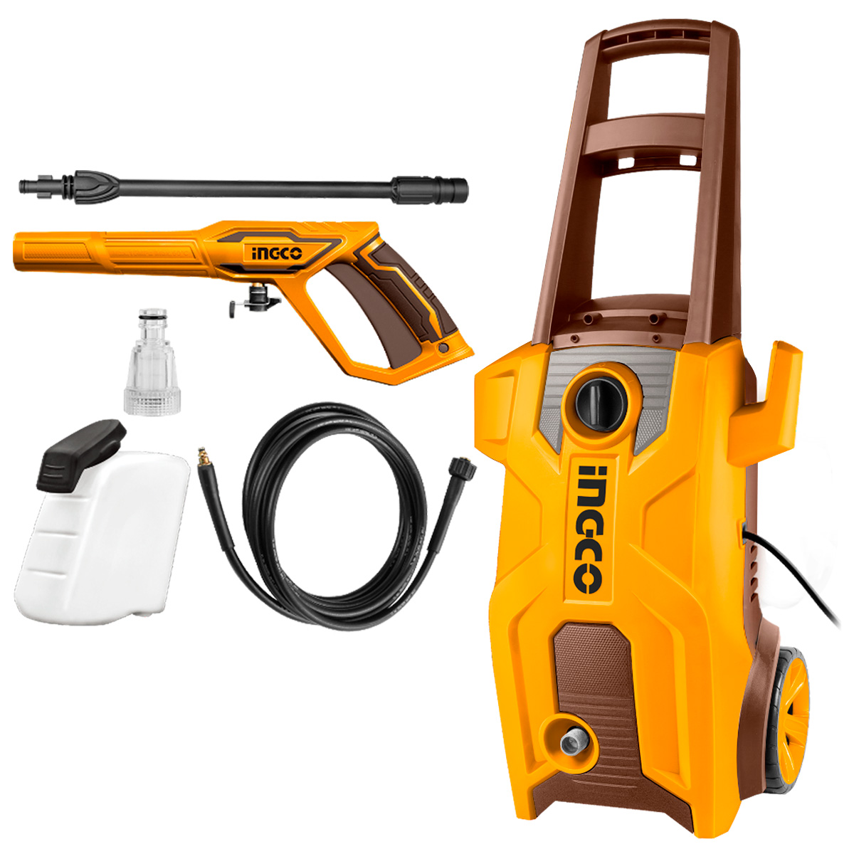 Hidrolavadora INGCO 2000W 160Bar Caudal de 6L/min, con Botella de Jabón y Cable de 5m, oferta LOi.