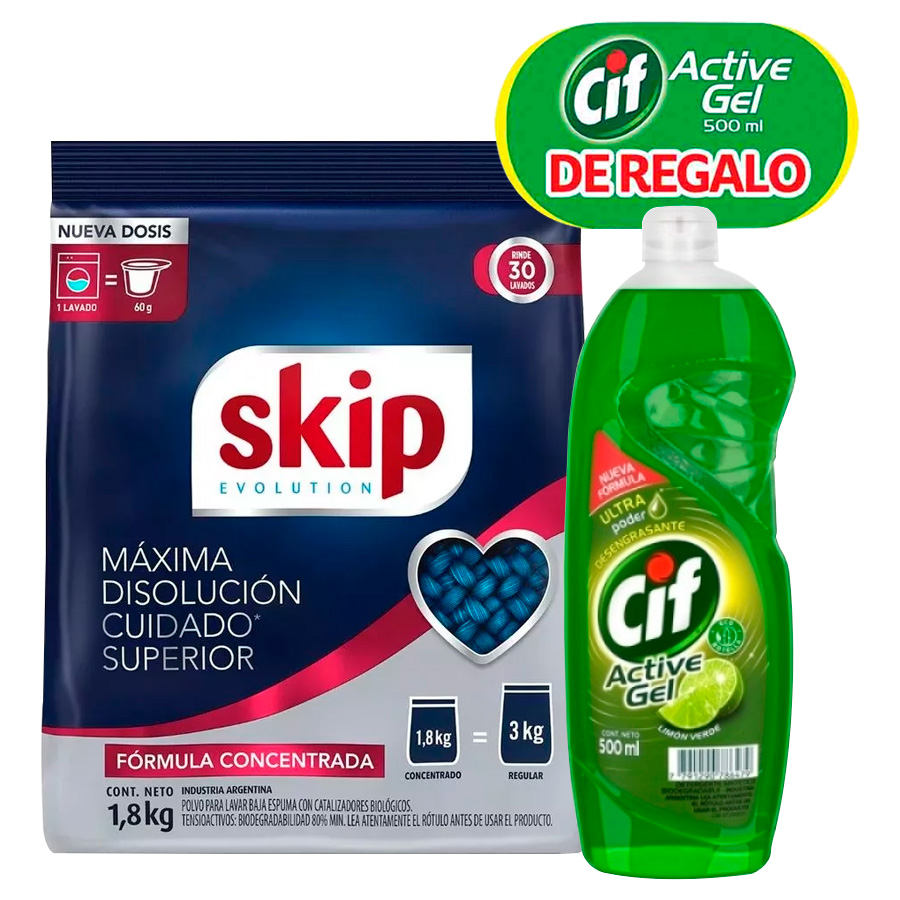 Jabón en Polvo SKIP 1.8kg + Detergente Cif Active Gel de 500ml, oferta LOi.