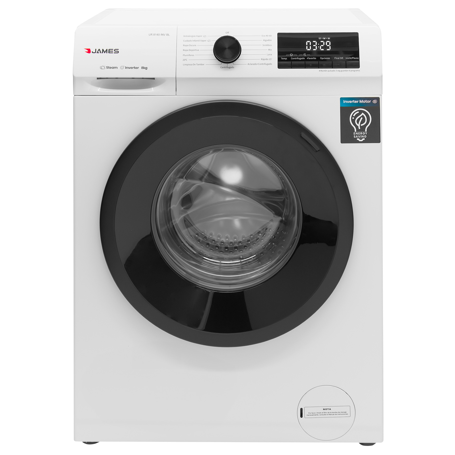 Lavarropas JAMES LR 8140 Carga Frontal 8Kg Tecnología Inverter Display ...