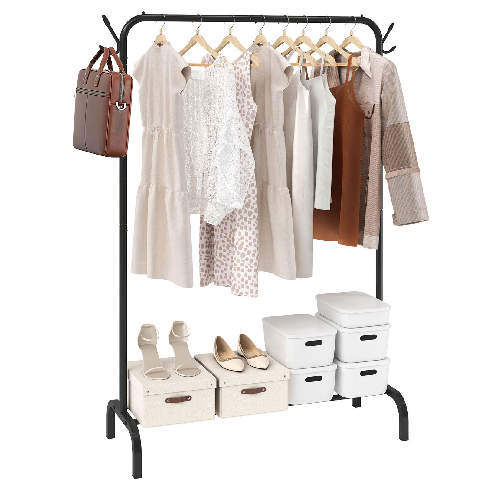 Perchero Metálico con Estante Zapatero y 4 Ganchos Laterales - Negro ...