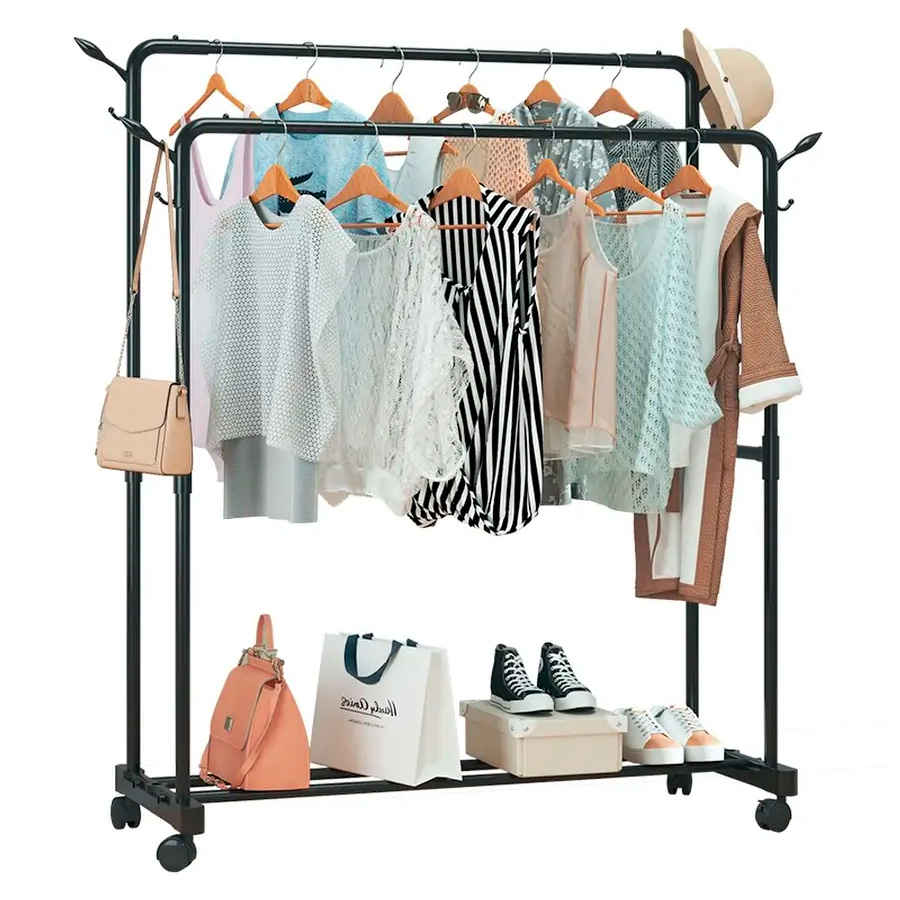 Perchero Doble Metálico con Ganchos, Estante para Zapatos y Ruedas con ...