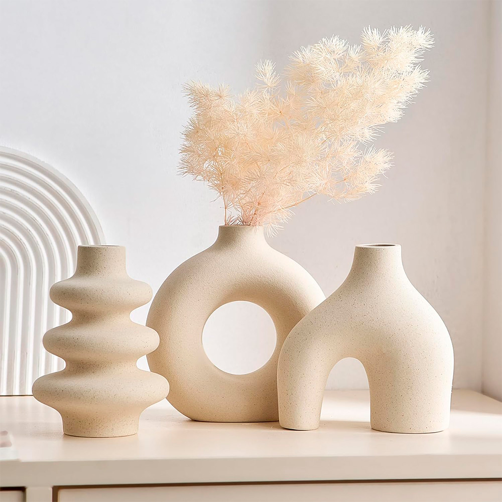 Set de 3 Jarrones Floreros de Cerámica Arenada, Estilo Nórdico, oferta LOi.
