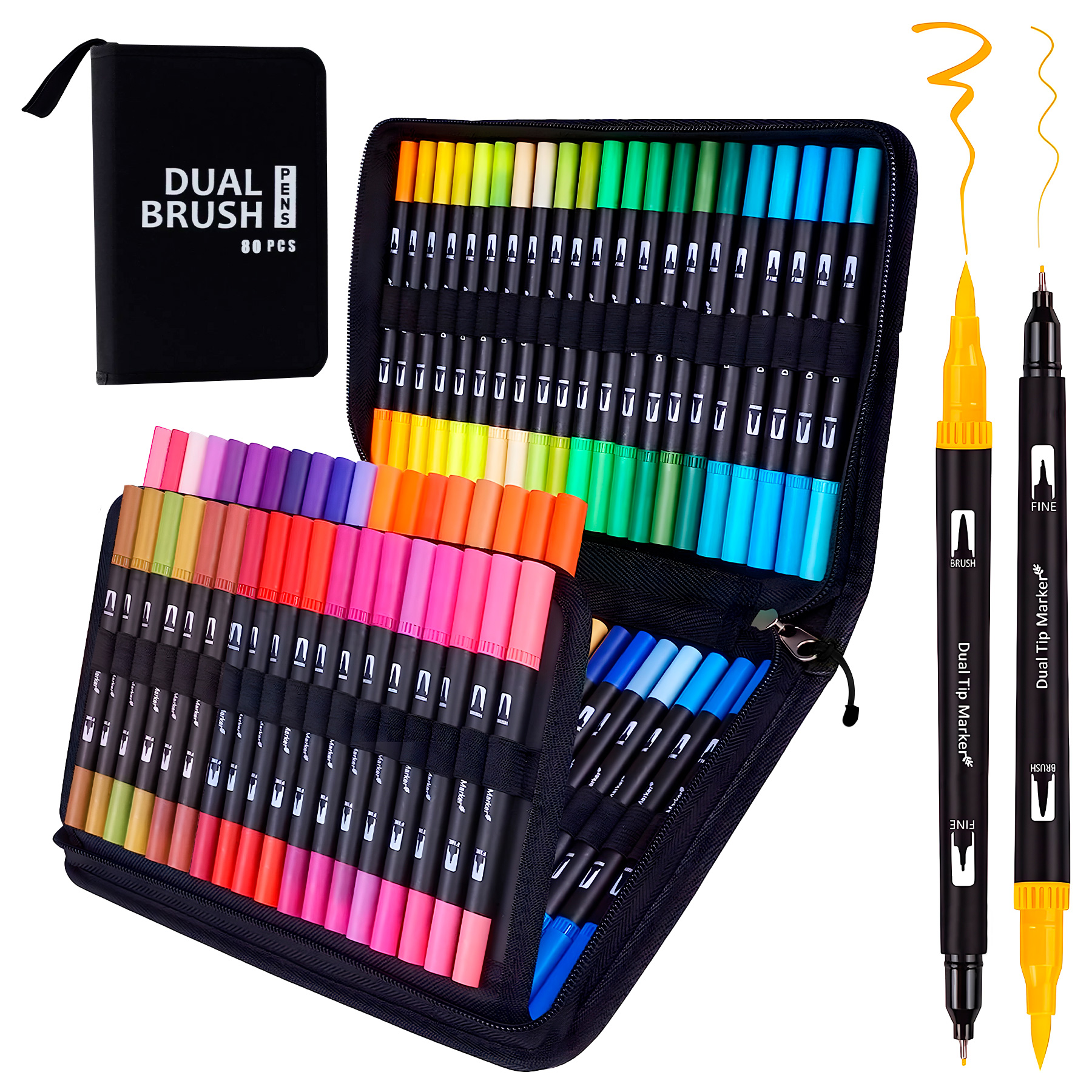 Set de 80 Marcadores con Doble Punta: Fina y Pincel + Estuche, oferta LOi.