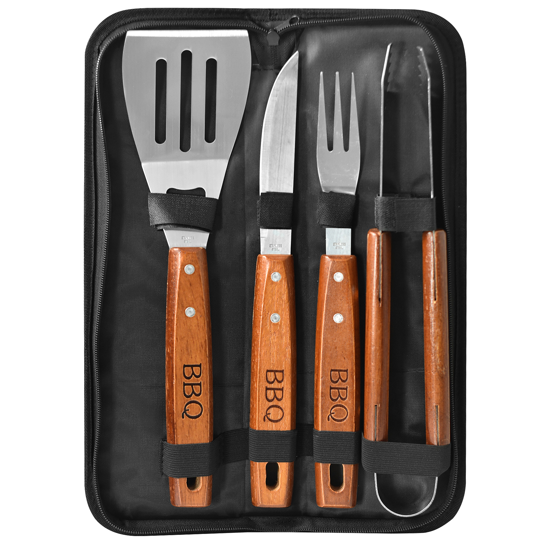 Set Asador de 4 Piezas de Acero Inoxidable con Mango de Madera y Estuche, oferta LOi.