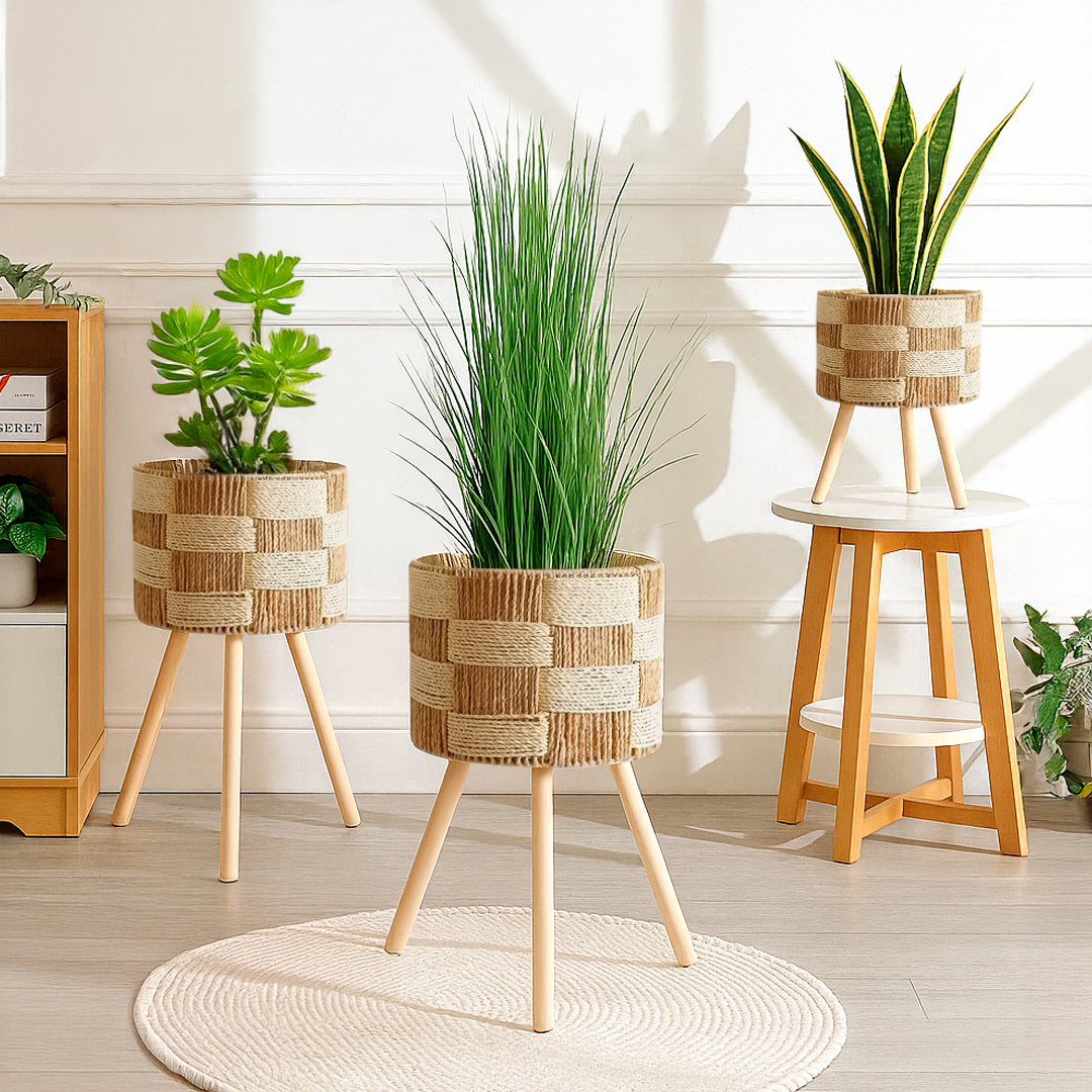 Set de 3 Porta Macetas de Fibra Trenzada y Patas de Madera, de 57 x ...