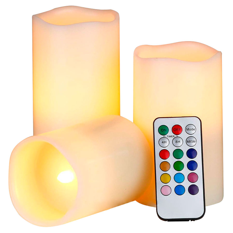 Set de 3 Velas LED 3 Tamaños 12 Colores Control Remoto, oferta LOi.
